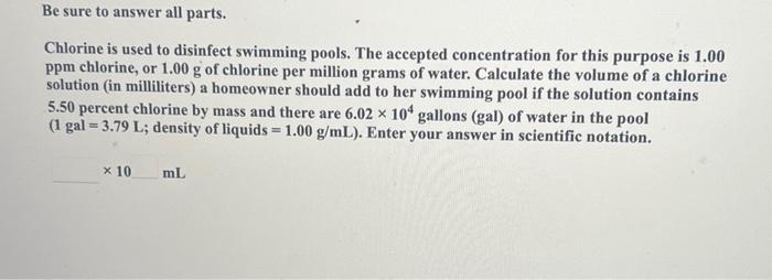 Solved Chlorine is used to disinfect swimming pools. The | Chegg.com