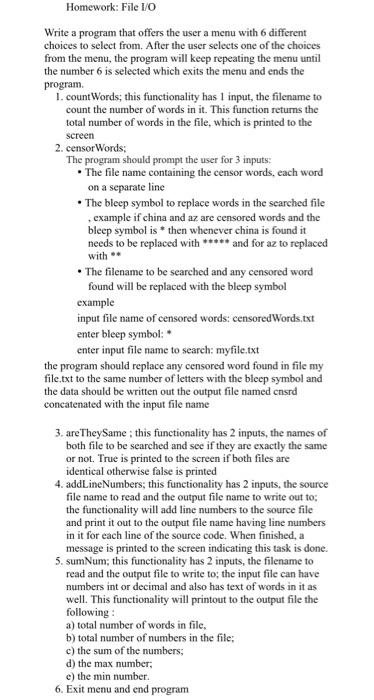 Solved Homework: File 1/O Write a program that offers the | Chegg.com