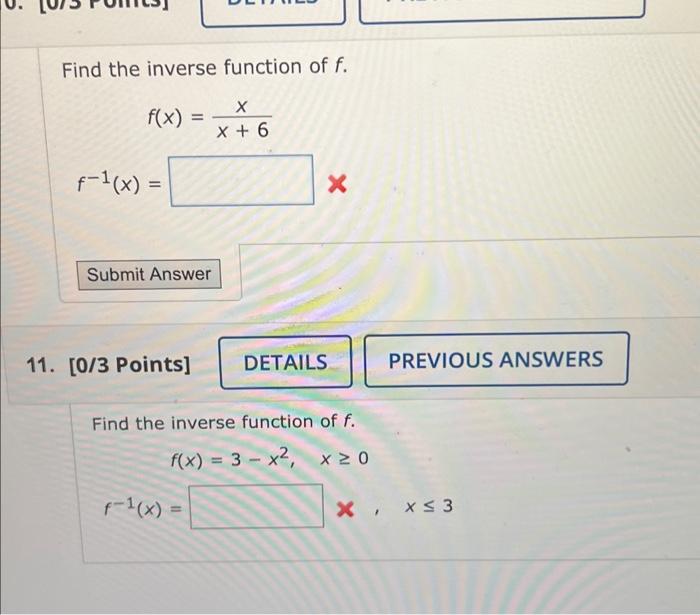 Solved Find the inverse function of f. f(x)=x+6x f−1(x)= | Chegg.com