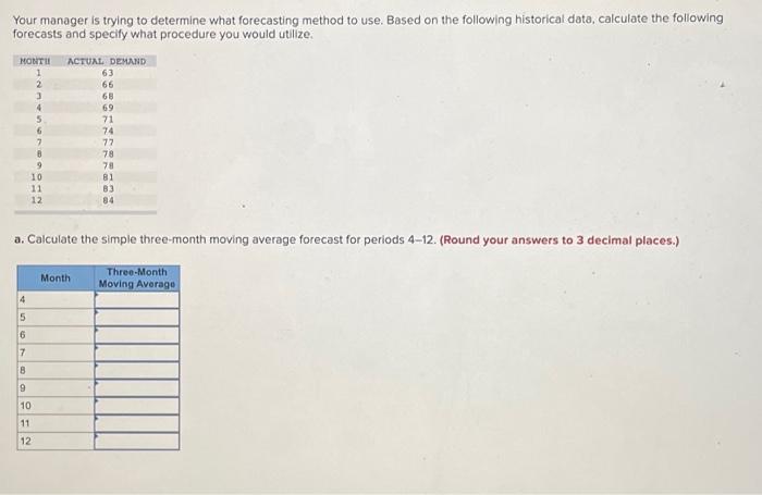 Your manager is trying to determine what forecasting | Chegg.com