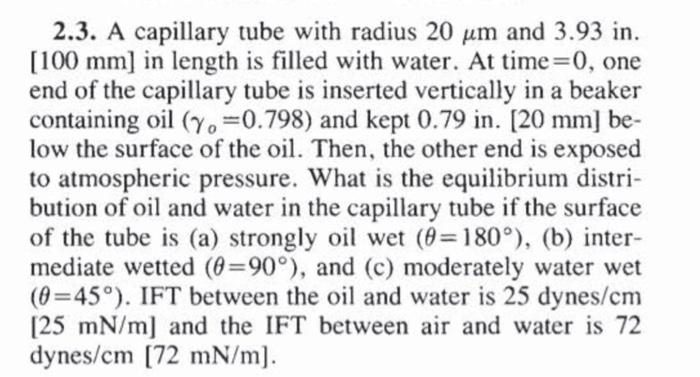 Solved 2.3. A capillary tube with radius 20 um and 3.93 in. | Chegg.com