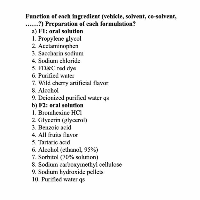 Solved Function of each ingredient (vehicle, solvent, | Chegg.com