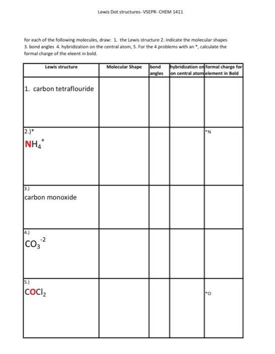 Solved Lewis Dot structures- VSEPR-CHEM 1411 for each of the | Chegg.com