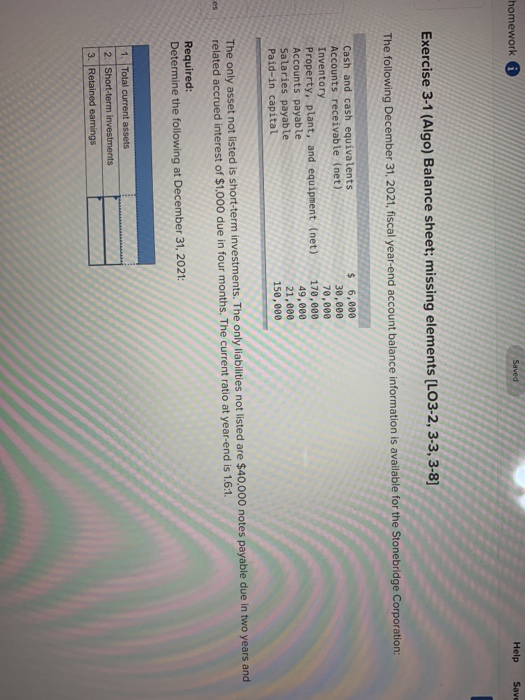 Solved homework A Saved Help Save Exercise 3-1 (Algo) | Chegg.com