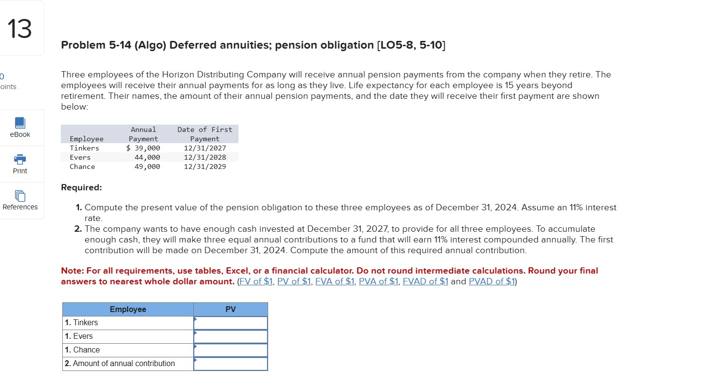 Solved Problem 5-14 (Algo) ﻿Deferred annuities; pension | Chegg.com