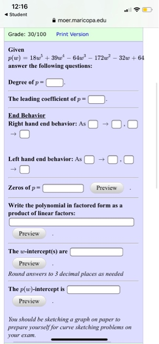 Solved 12:16 Student moer.maricopa.edu Grade: 30/100 Print | Chegg.com