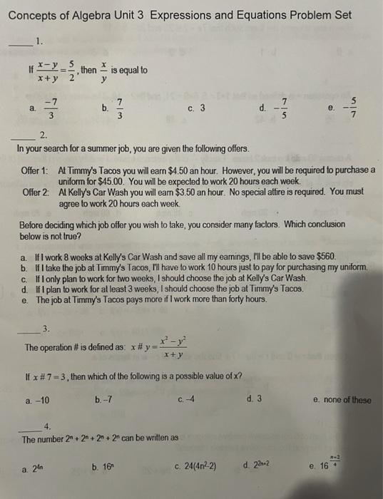 Solved Concepts of Algebra Unit 3 Expressions and Equations | Chegg.com