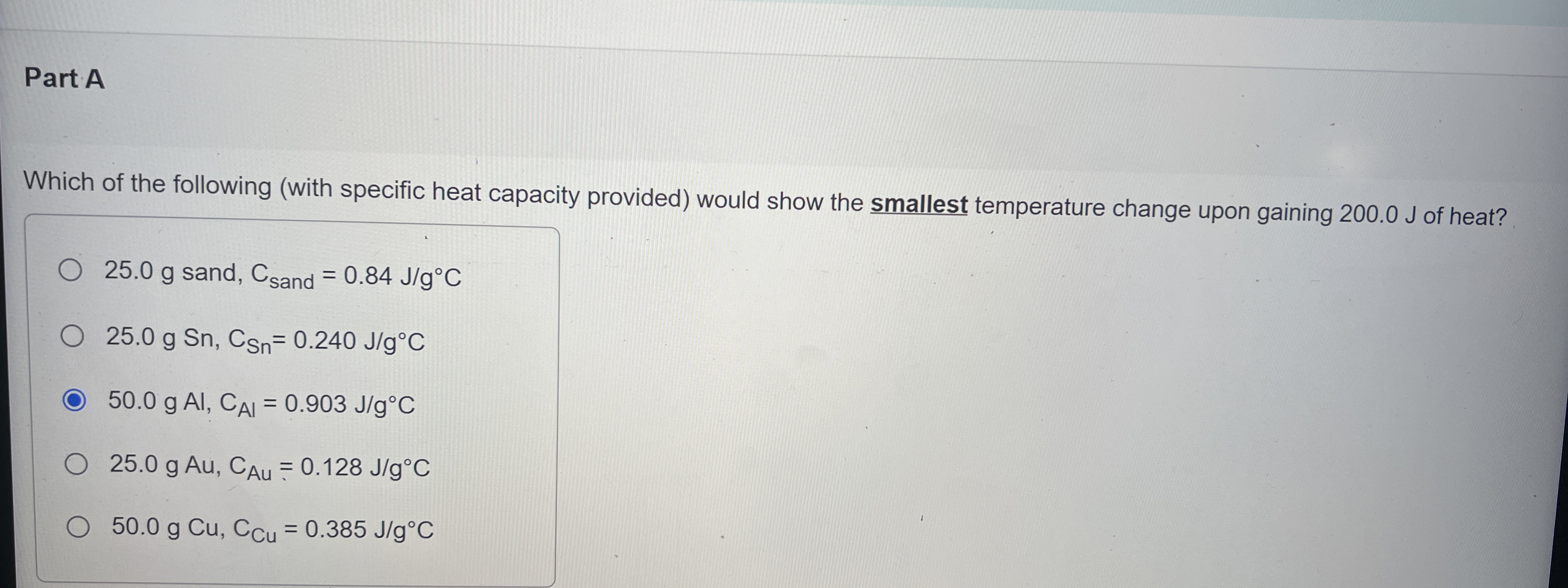 High Quality SOLUTION Part AWhich of the following (with specific heat | Chegg.com