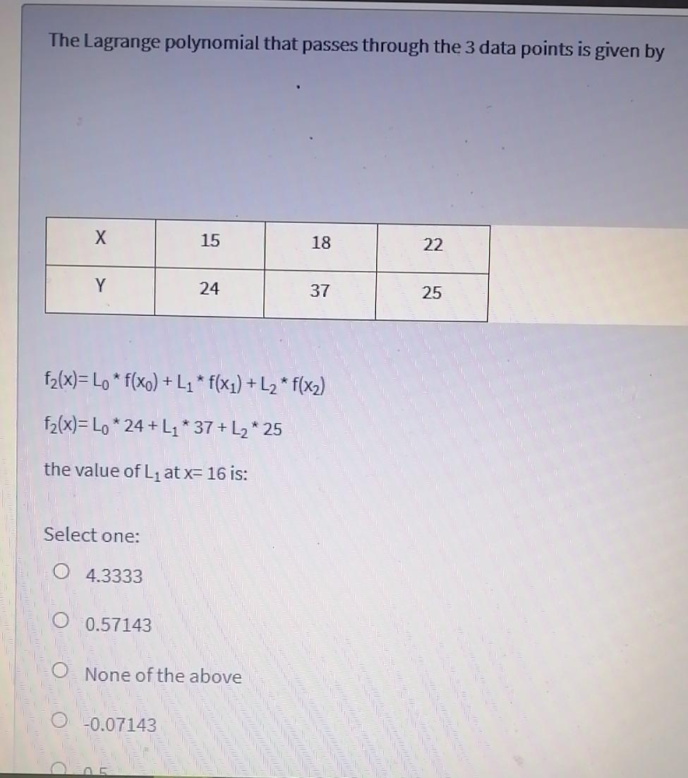 Solved The Lagrange polynomial that passes through the 3 | Chegg.com