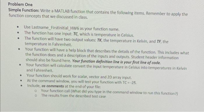 Solved Problem One Simple Function: Write a MATLAB function | Chegg.com