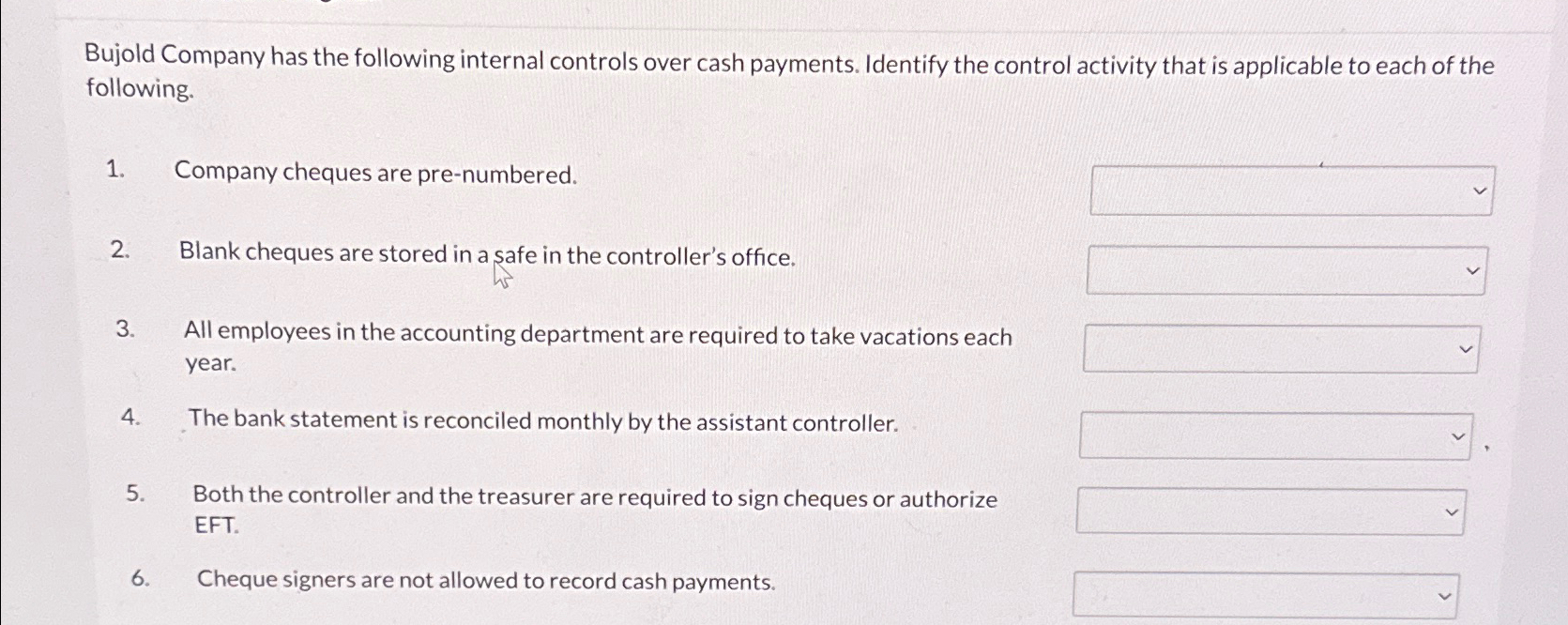 Solved Bujold Company has the following internal controls | Chegg.com