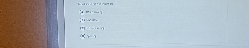 Solved Packet sniffing is also known as:DNS poisoningMAC | Chegg.com