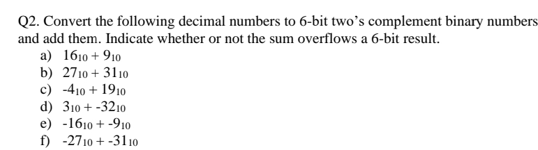 Solved Q2. ﻿Convert the following decimal numbers to 6-bit | Chegg.com