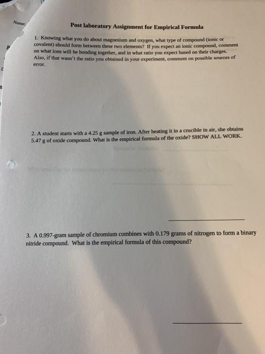 Solved Name: Post laboratory Assignment for Empirical | Chegg.com