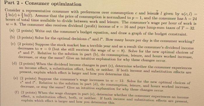 Solved Part 2 - Consumer optimization Consider in | Chegg.com