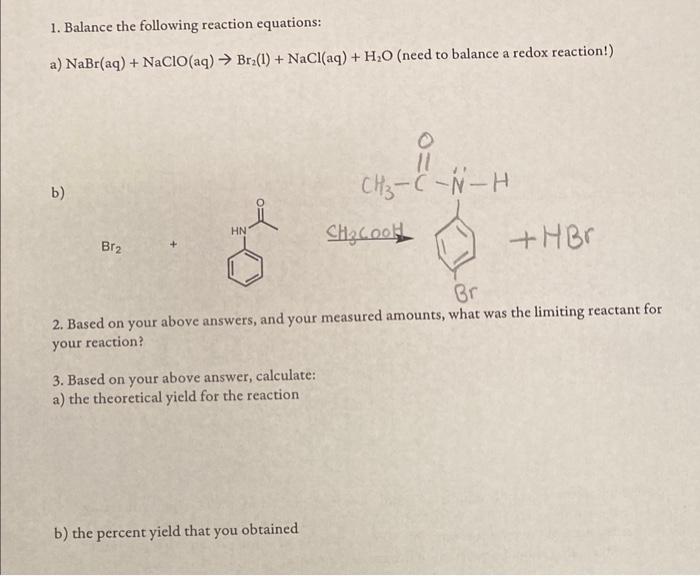Solved 1. Balance the following reaction equations: a) | Chegg.com