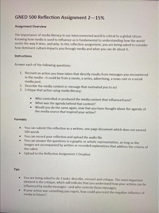 GNED 500 Reflection Assignment 2-15\% Assignment | Chegg.com