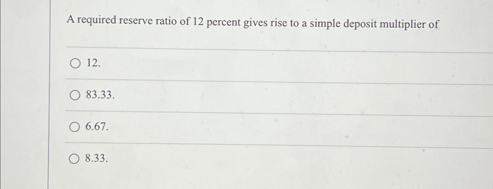 Solved A required reserve ratio of 12 ﻿percent gives rise to | Chegg.com