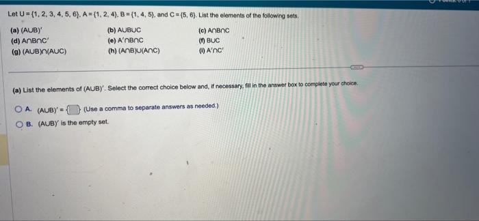 Solved Let U={1,2,3,4,5,6},A={1,2,4},B={1,4,5}, and C={5,6}. | Chegg.com