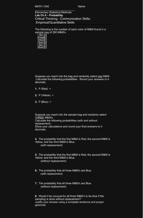 Solved MATH 1342 Name Elomentary Statistical Methods Lab | Chegg.com