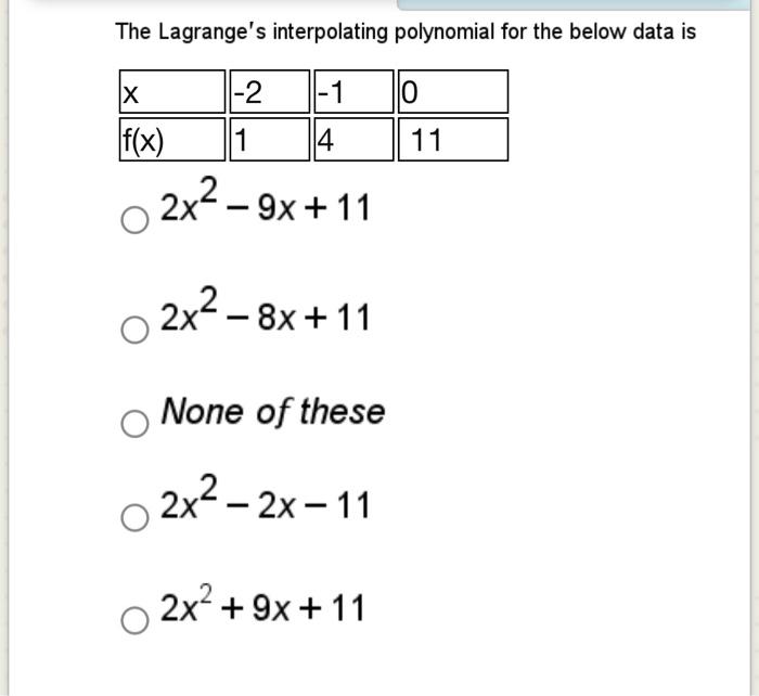Solved The Lagrange's interpolating polynomial for the below | Chegg.com