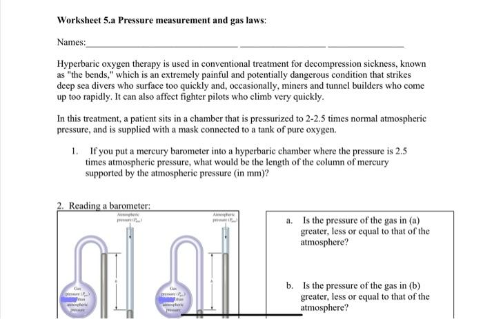Worksheet 5.a Pressure measurement and gas laws: | Chegg.com