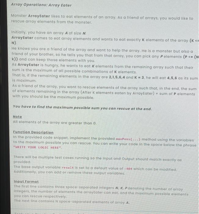 Array Operations: Array Eater Monster ArrayEater | Chegg.com