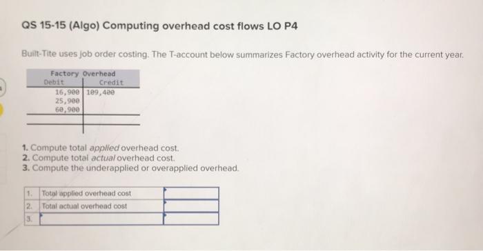 Solved QS 15-15 (Algo) Computing overhead cost flows LO P4 | Chegg.com