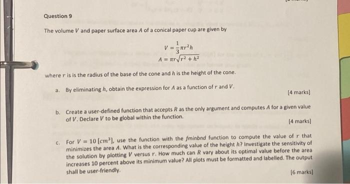 Solved The volume V and paper surface area A of a conical | Chegg.com