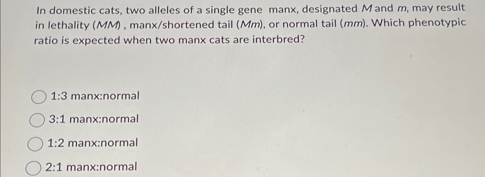 Solved In domestic cats, two alleles of a single gene manx, | Chegg.com