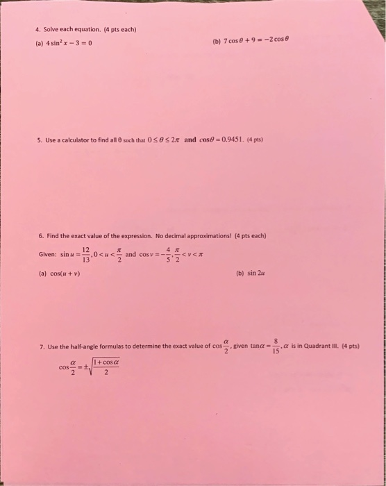 Solved 4. Solve each equation. (4 pts each) (a) 4 sinx -3 = | Chegg.com Solved 4. Solve each equation. (4 pts each) (a) 4 sinx -3 = | Chegg.com