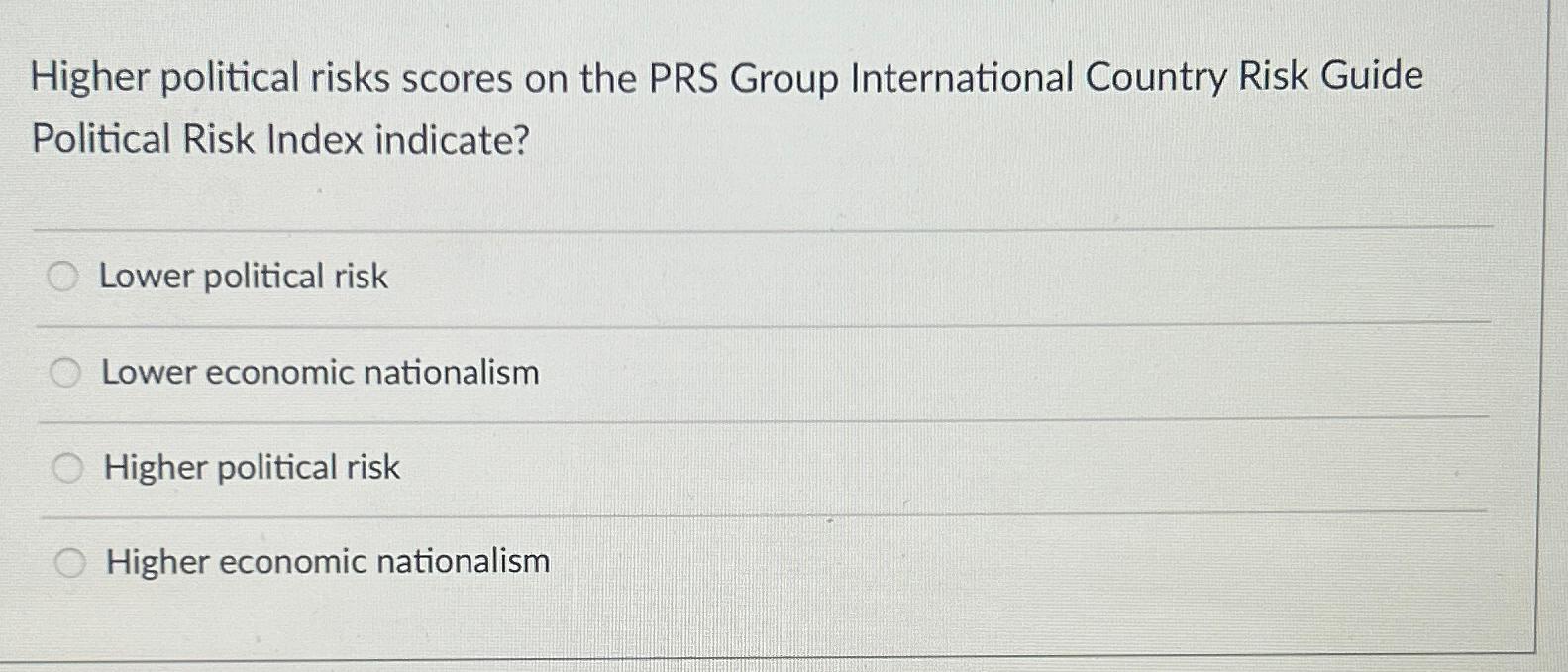 Solved Higher political risks scores on the PRS Group | Chegg.com