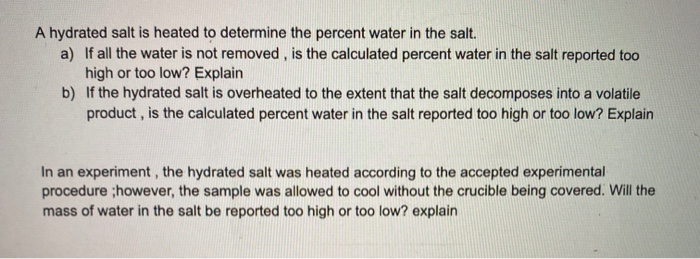 Solved A hydrated salt is heated to determine the percent | Chegg.com