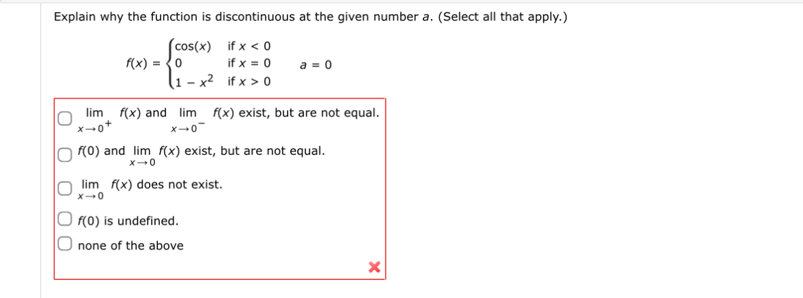 Solved Explain why the function is discontinuous at the | Chegg.com