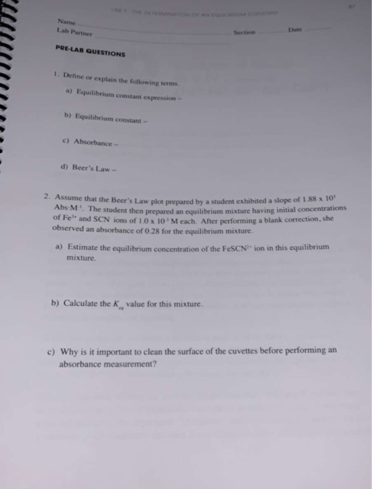 Solved Name Lab Partner Date PRE-LAB QUESTIONS 1. Define or | Chegg.com