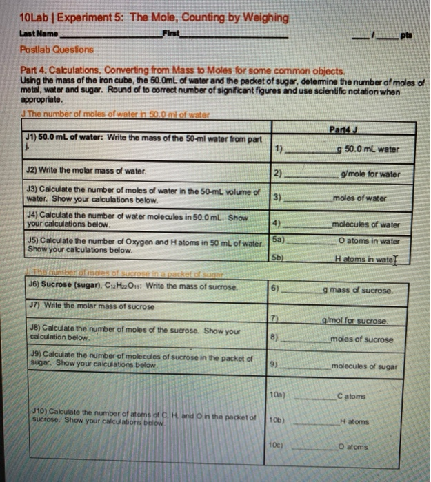 Solved 10Lab Experiment 5: The Mole, Counting by Weighing | Chegg.com