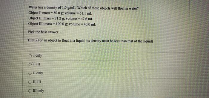 Solved 1 pts Find the volume of an object in mL that has a | Chegg.com