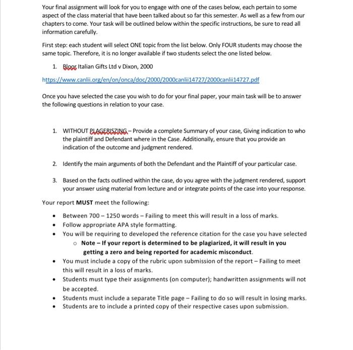 Your final assignment will look for you to engage | Chegg.com