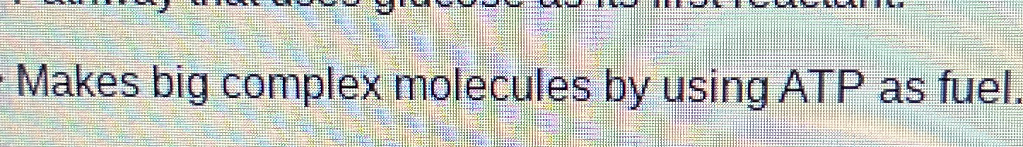 Solved Makes big complex molecules by using ATP as fuel. | Chegg.com