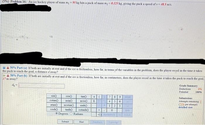 Solved (5\%) Problem 16: An ice bockey player of mass m1=9.5 | Chegg.com