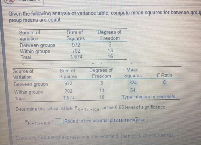 Solved Given the following analysis of variance table, | Chegg.com