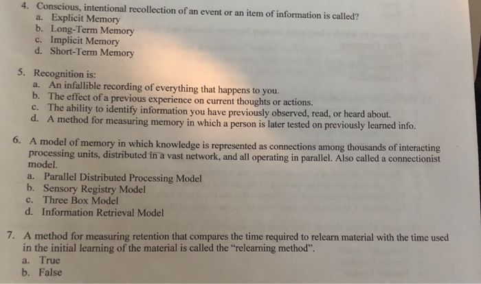 Solved 4. Conscious, intentional recollection of an event or | Chegg.com