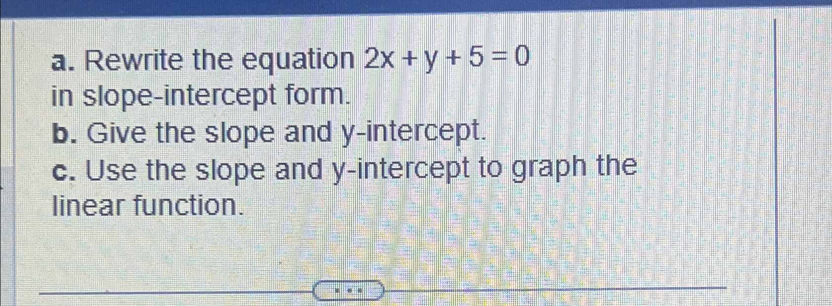 Solved a. ﻿Rewrite the equation 2x+y+5=0in slope-intercept | Chegg.com