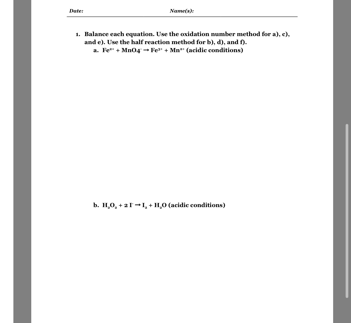 Solved Date:Name(s):Balance each equation. Use the oxidation | Chegg.com