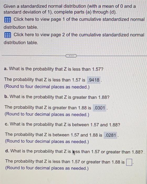 Solved Given a standardized normal distribution (with a mean | Chegg.com