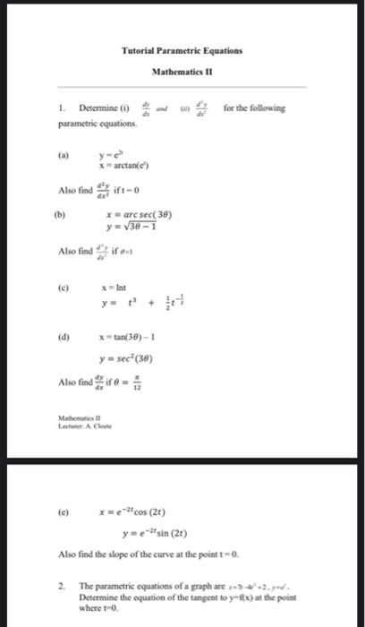 Solved Tutorial Parametric Equations Mathematics 11 1. | Chegg.com