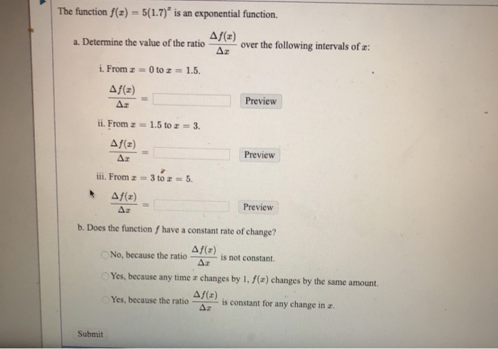 Solved The function f(x) = 5(1.7) is an exponential | Chegg.com