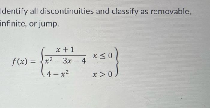 Solved Identify all discontinuities and classify as | Chegg.com