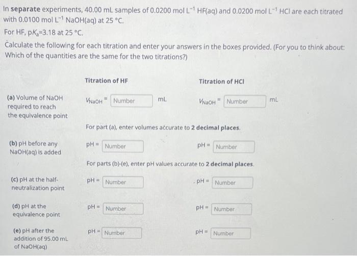 Solved In separate experiments, 40.00 mL samples of 0.0200 | Chegg.com