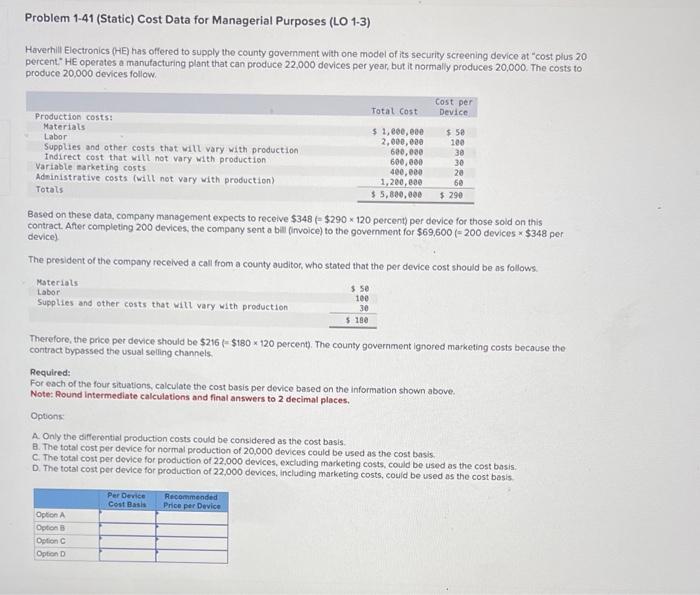 Solved Problem 1-41 (Static) Cost Data for Managerial | Chegg.com